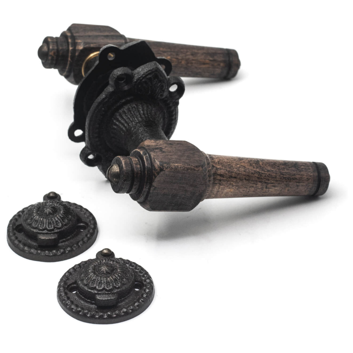 Wooden door handles - Dark oiled - Wrought iron rosettes and key plates ...